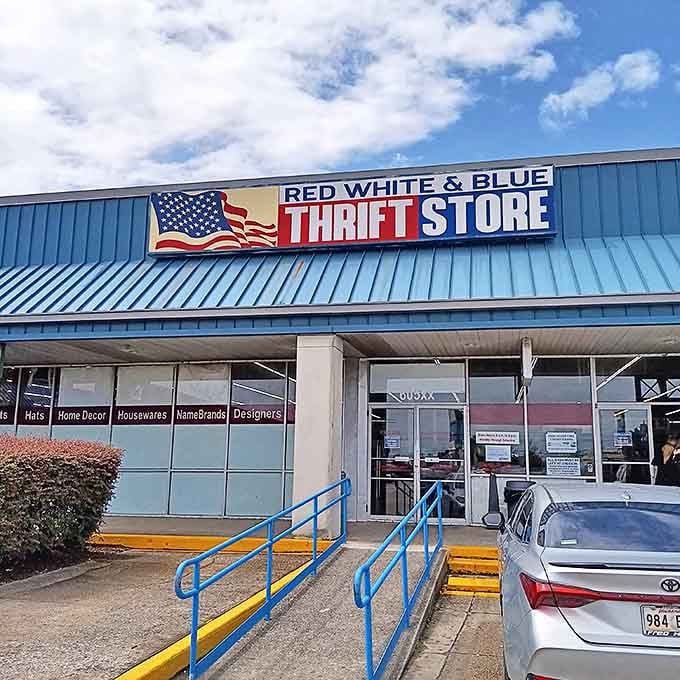 The iconic storefront stands proudly against a brilliant blue sky, like a flag-waving ambassador of second-hand splendor.