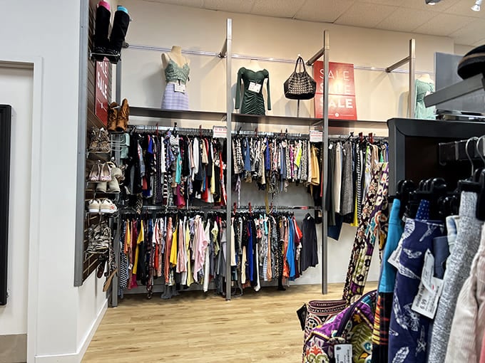 Stylish mannequins display curated outfits while neatly organized racks offer endless possibilities for fashion-forward finds at fraction of retail prices.
