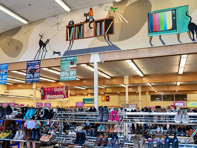 Mid-century modern meets whimsical wall art! Thrift World's playful murals of retro TVs and stylized cats create the perfect backdrop for your treasure-hunting adventure.