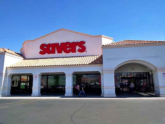 The desert-toned stucco exterior with its bold red signage promises air-conditioned treasure hunting away from the Vegas heat.