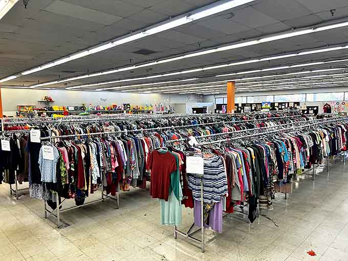 A treasure hunter's paradise where clothing racks stretch to the horizon. That stuffed sloth seems to be saying, "Take your time, the best finds require patience."