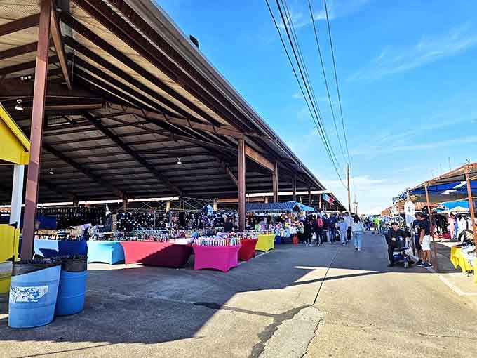 The covered walkways of Traders Village stretch toward the horizon like a bargain hunter's yellow brick road. Shopping paradise awaits under those metal roofs!