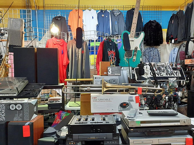 A treasure trove of electronics and clothing coexist in organized chaos&mdash;turntables, polo shirts, and musical instruments competing for bargain hunters' attention.