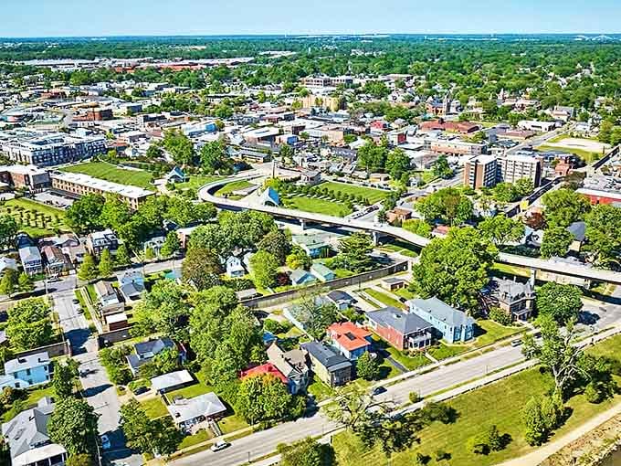 A bird's-eye view of Glasgow showcases its perfect balance of green space and historic architecture, like a living diorama of quintessential Kentucky charm.