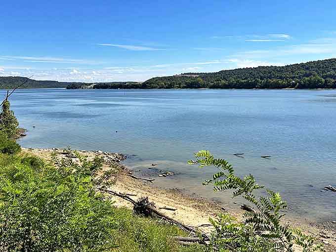 The Ohio River creates a stunning backdrop at O'Bannon Woods, where water meets wilderness in a scene straight out of a landscape painter's dream.