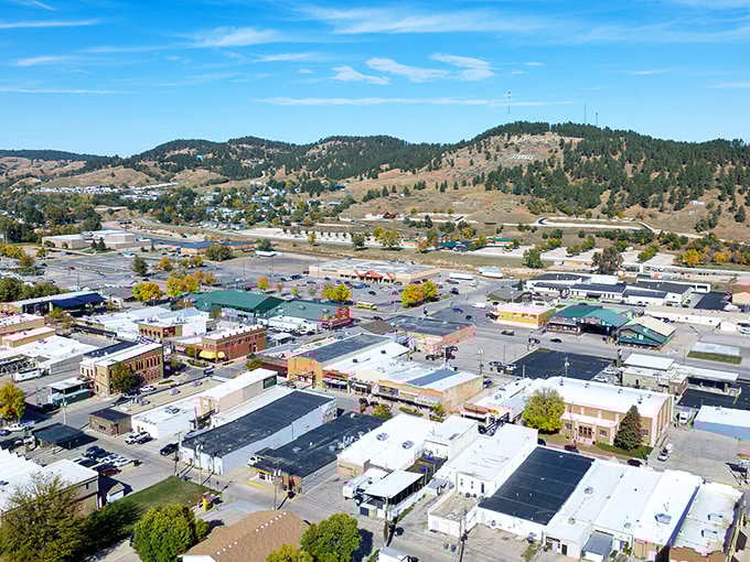 Sturgis from above looks like a perfect patchwork quilt of small-town America, with the majestic Black Hills providing a backdrop worthy of a Hollywood western.