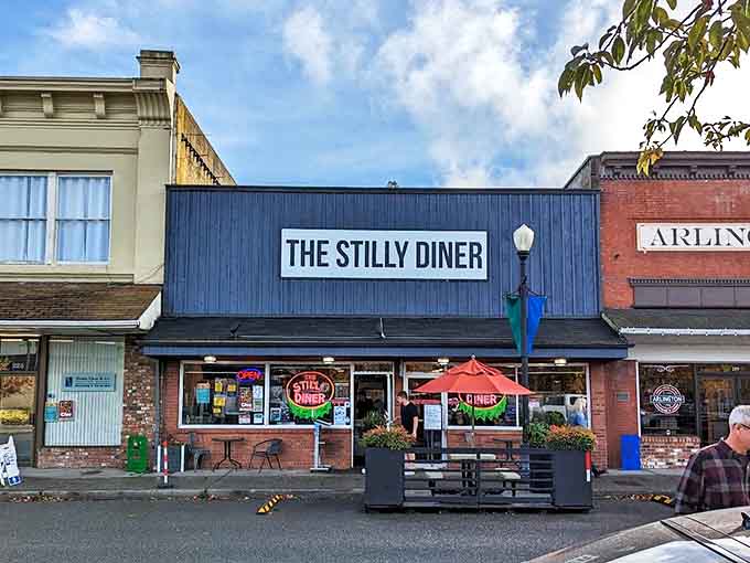 Nestled between historic brick buildings, The Stilly Diner proudly flies the flag while serving what might be America's most patriotic pancakes.