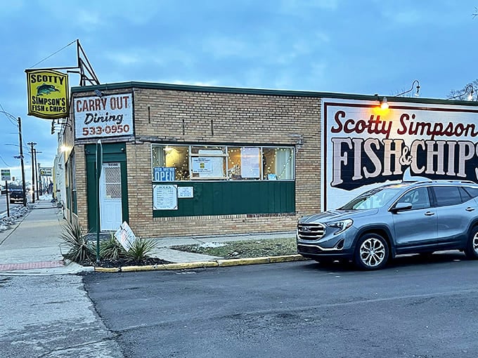 The unassuming brick exterior of Scotty Simpson's &ndash; where culinary magic hides behind a no-nonsense fa&ccedil;ade that's been beckoning Detroit fish lovers for generations.
