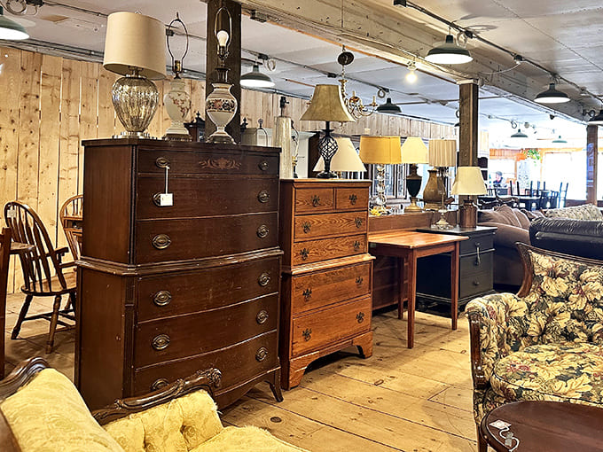 Antique wooden dressers stand at attention like well-dressed soldiers, each with stories etched into their lovingly preserved surfaces.