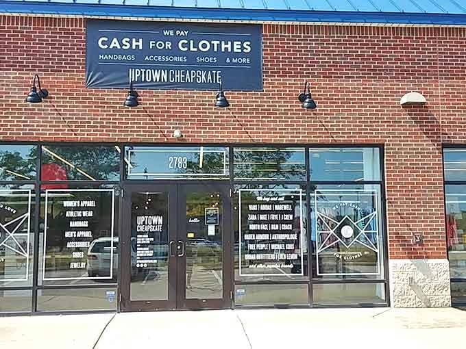 The welcoming storefront of Uptown Cheapskate in Reynoldsburg invites fashion-savvy shoppers while advertising their cash-for-clothes program.