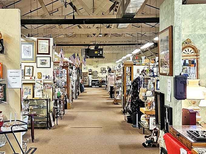 The spacious interior reveals the true scale of this antique wonderland, with well-organized vendor spaces stretching into the distance.