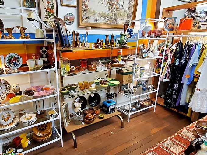 Meticulously organized shelves showcase vintage dishware, glassware, and clothing&mdash;everyday treasures waiting for their next chapter with you.