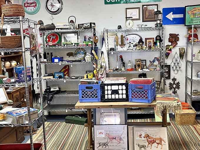 Every pegboard tells a story at Past Present & In Between, where vintage 7UP signs share space with forgotten treasures waiting for their second act.