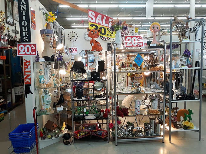 A collector's paradise of eclectic finds and nostalgic treasures, with sale signs promising even sweeter deals on yesterday's memories.