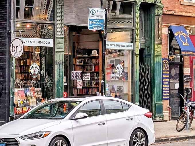 The iconic green storefront of Myopic Books stands like a literary lighthouse on Milwaukee Avenue, beckoning bibliophiles from across Chicago.