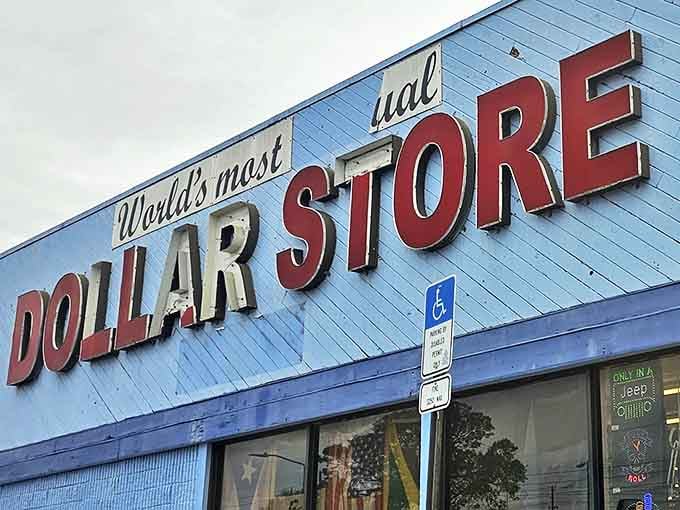 The bright blue facade with bold red lettering isn't just a storefront&mdash;it's a declaration that normal shopping rules don't apply here.