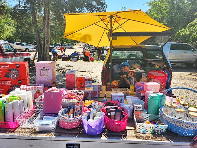 A vendor's tailgate transforms into a colorful display of household goods and crafting supplies&mdash;proof you can fill your car for under $40.