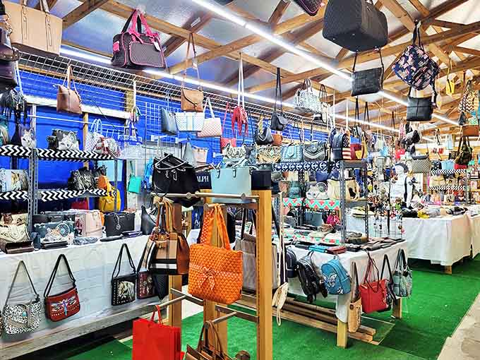 Purse collectors, brace yourselves! This handbag haven showcases everything from vintage clutches to modern totes, suspended in a colorful leather galaxy.