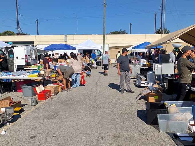The treasure hunt begins! Rows of tables stretch into the distance, each one a miniature retail universe waiting to be explored.