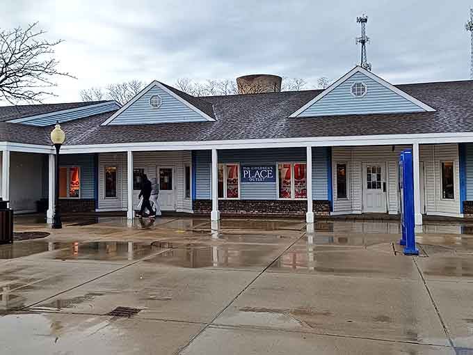 Rain can't dampen the New England-inspired charm of these storefronts, where shoppers duck in and out like determined treasure hunters.
