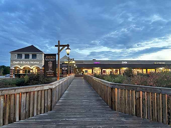 Twilight transforms Grove City Premium Outlets into a magical shopping kingdom, complete with wooden boardwalks that lead to kingdoms of Bath & Body Works and beyond.