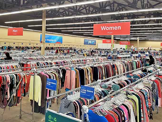 Rainbow racks of possibility! The clothing section at Savers is meticulously organized by size and color, turning secondhand shopping into a treasure hunt.