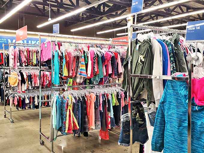 Rainbow racks of possibility! The clothing section at Savers is meticulously organized by size and color, turning secondhand shopping into a treasure hunt.