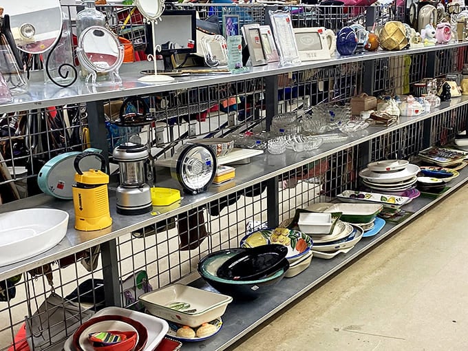 Kitchenware heaven awaits! Vintage serving dishes, colorful plates, and that yellow lantern might just be your next camping essential or power outage companion.