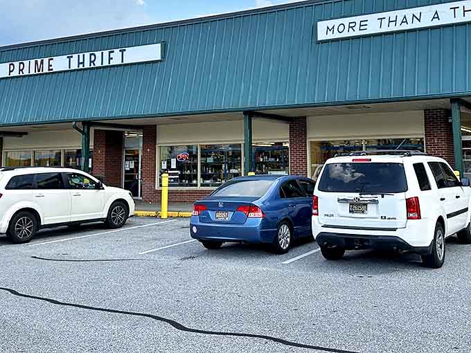 The unassuming green exterior of Prime Thrift &ndash; where fashion treasures hide behind a facade that says "I'm not trying to impress you" but absolutely will.