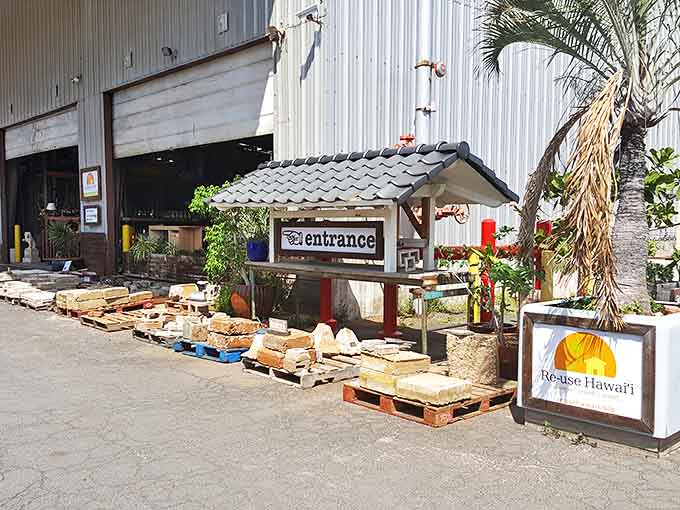 The unassuming entrance to Re-use Hawai'i beckons with pallets of building materials&mdash;appetizers before the main course of sustainable treasures inside.