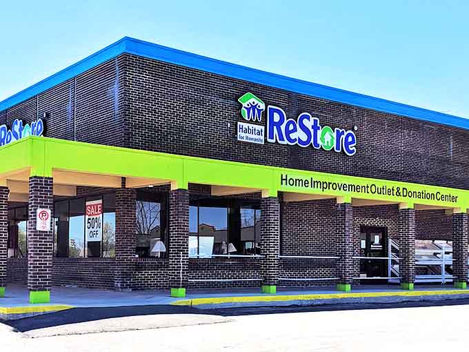 The unmistakable blue and lime green facade of Habitat Oakland ReStore stands like a beacon for bargain hunters in Waterford Township.