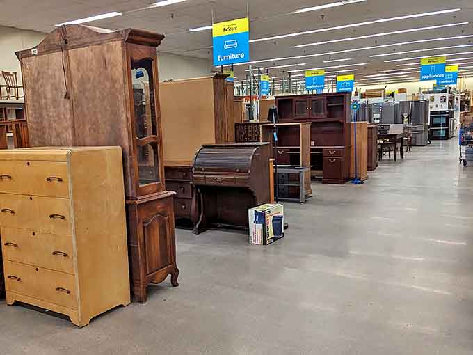 Treasure hunters, take note! This aisle of vintage furniture showcases solid wood craftsmanship that puts today's particle board assemblies to shame.