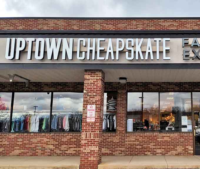 The brick-front facade of Uptown Cheapskate in State College promises treasure hunting adventures for the fashion-forward penny pincher.