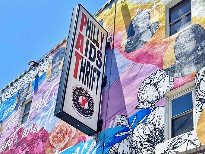 The vibrant exterior of Philly AIDS Thrift announces itself with unmistakable flair, like a beacon calling all treasure hunters to adventure.