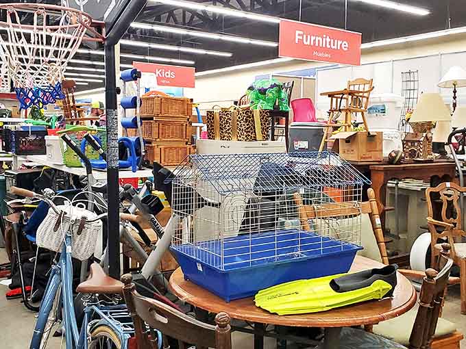 The furniture section at Savers is where forgotten treasures and conversation pieces collide &ndash; from wicker baskets to wooden chairs, each with stories to tell.