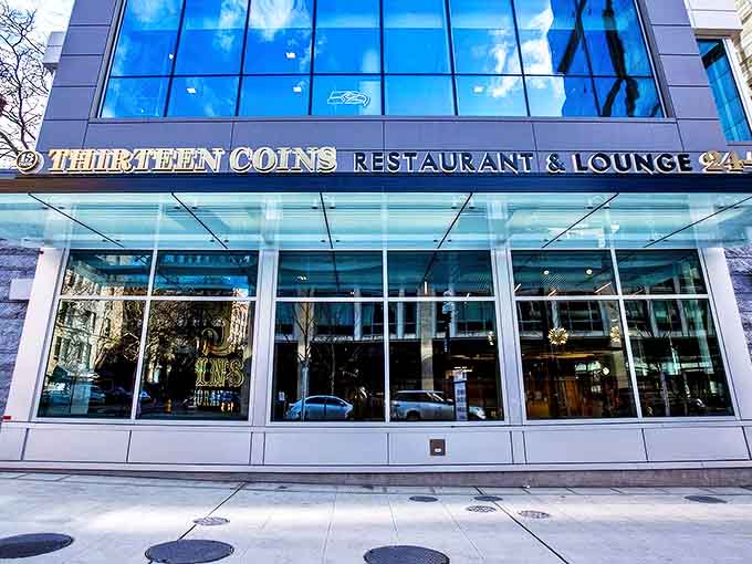 The gleaming exterior of 13 Coins offers a modern twist on a Seattle institution – like seeing your favorite band finally upgrade from dive bars to proper venues.