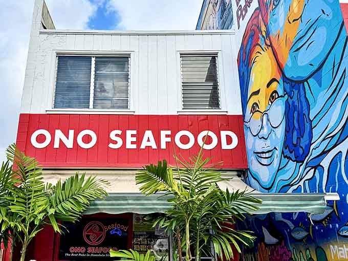Paradise found: Ono Seafood's colorful mural and simple facade hide culinary treasures that locals have cherished for generations.