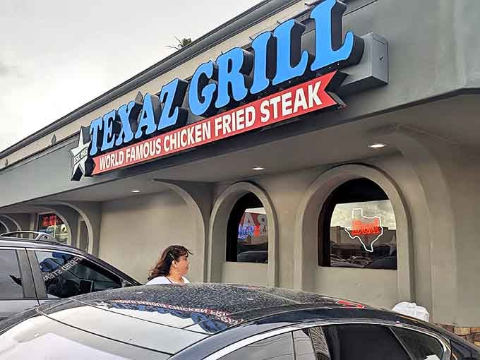 The blue neon sign beckons like a lighthouse for hungry souls. Texaz Grill proudly announces its specialty without pretense&mdash;this is chicken fried steak territory.