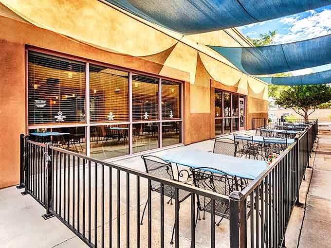 Outdoor dining that's pure Arizona magic. Blue shade sails protect diners from the desert sun while they enjoy ocean-fresh fare in this surprisingly serene patio oasis.