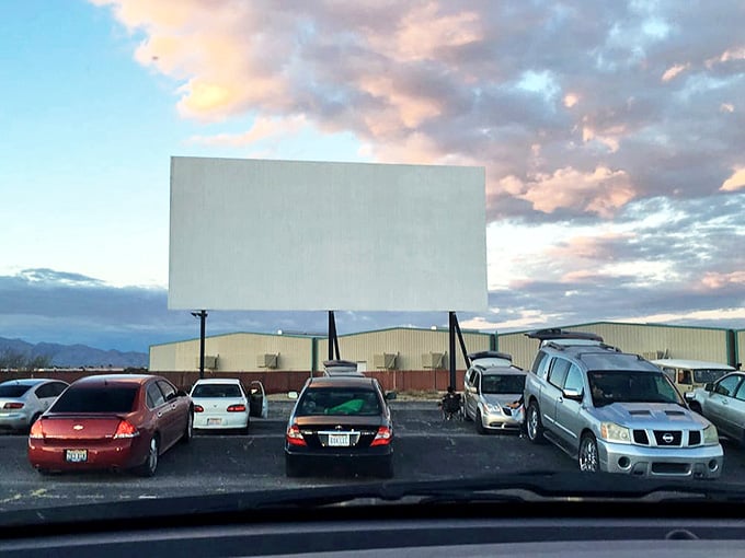 Three massive screens await under that impossibly blue Nevada sky. Cinema's original big-screen experience still feels magical in the desert light.