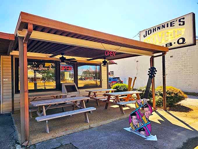 The weathered metal roof and humble facade of Johnnie's Drive In tell you everything you need to know&mdash;this place doesn't need fancy frills when the food speaks volumes.