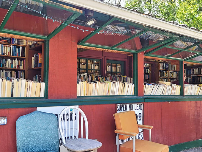 Window-shopping takes on new meaning when the merchandise is arranged like a literary rainbow. Those chairs aren't just seating&mdash;they're invitations to sample a chapter or three.