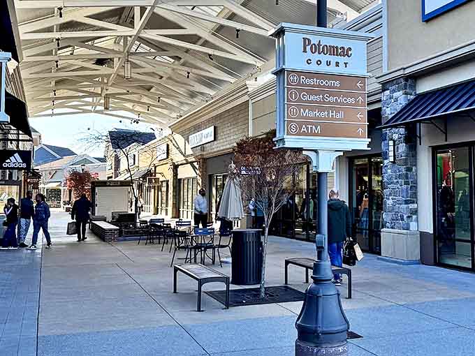 Potomac Court's covered walkways ensure your shopping marathon continues rain or shine. The architectural equivalent of "the show must go on!"
