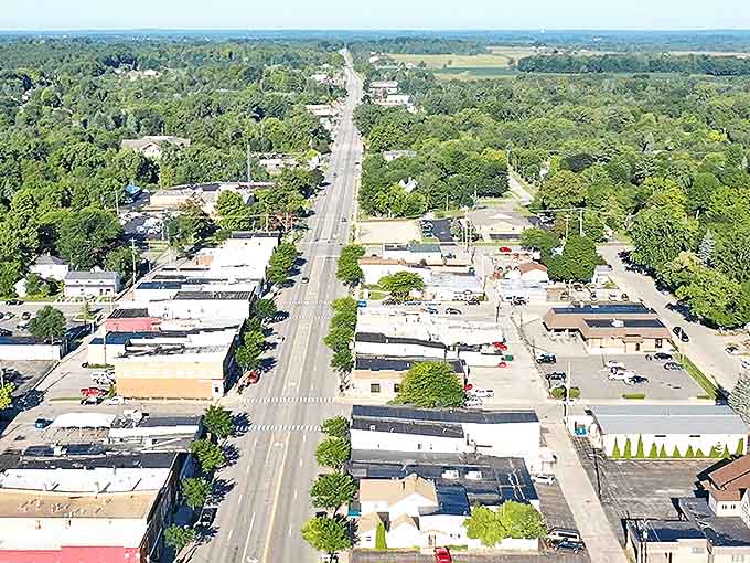 Aerial view of Gladwin's main thoroughfare, where small-town charm stretches as far as the eye can see. Trees outnumber buildings in this Michigan haven where life moves at a refreshingly human pace.