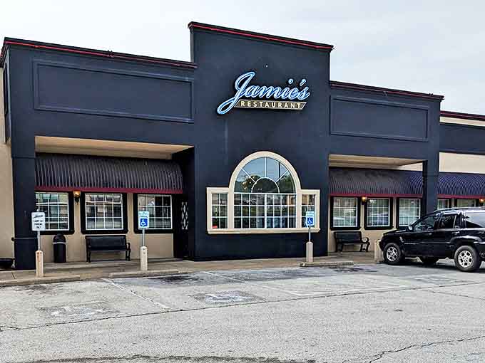 Jamie's navy blue exterior stands like a beacon of breakfast hope on Harrison's horizon, promising comfort food salvation to hungry travelers.