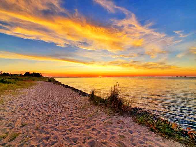 Golden hour transforms Robert Moses State Park into a painter's dream, where sky meets water in fiery splendor.