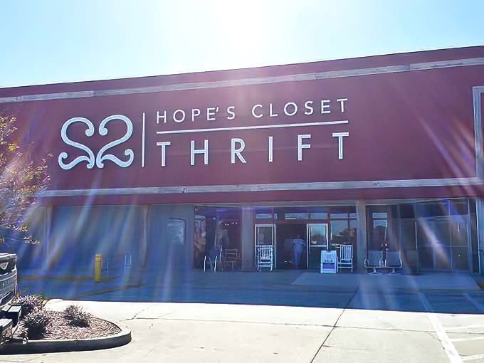 The burgundy storefront of Hope's Closet stands like a beacon for bargain hunters, promising treasures behind its welcoming glass doors.