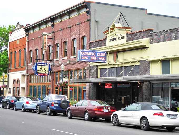 Historic brick buildings line Centralia's downtown, where the Olympic Club's vintage signage promises good times and hearty meals in equal measure.