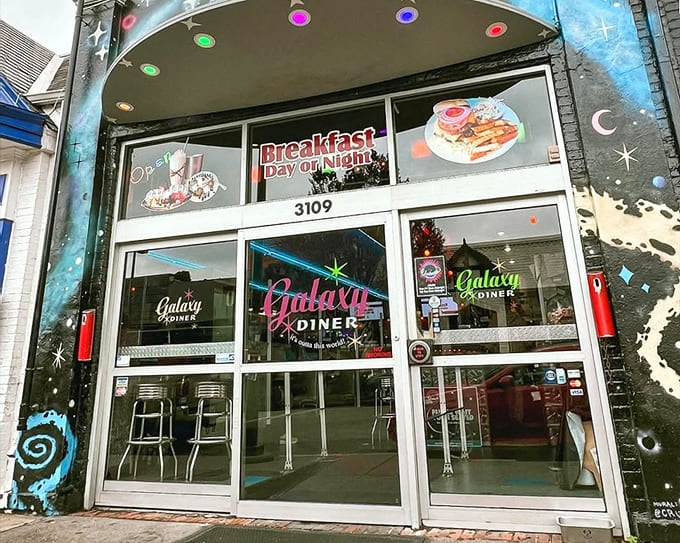 The cosmic facade of Galaxy Diner beckons hungry earthlings with its vibrant space murals and retro-futuristic charm. Beam me up, breakfast!