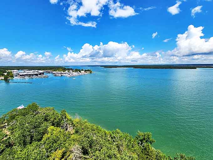 From this vantage point, the marina looks like a miniature model village set against that startling turquoise water—nature's version of special effects right here in Oklahoma.